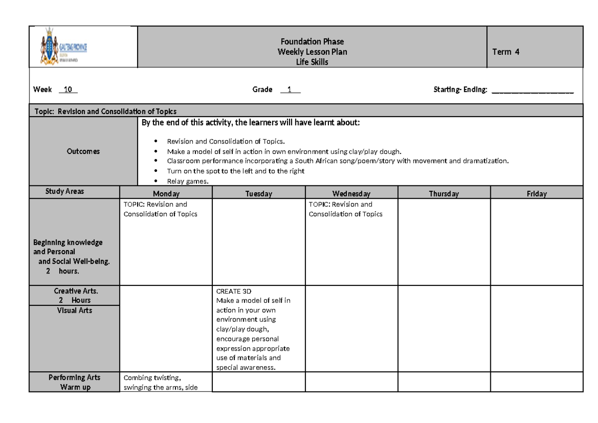 LIFE Skills Lesson Plans Grade 1 WEEK 10 - Foundation Phase Weekly ...