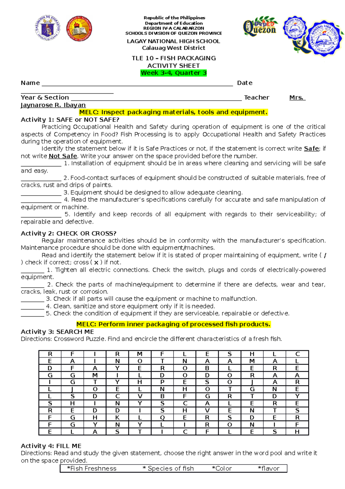 TLE 10 - Week 3-4 Q3 - Fish Packaging Activities & Answers Sheet - Studocu