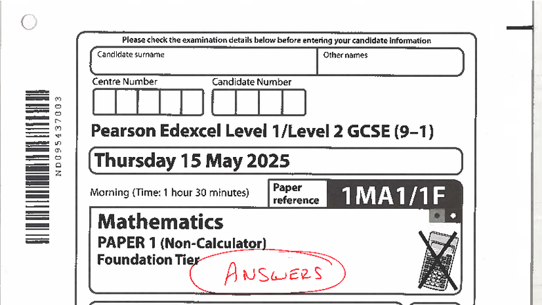 Mathematics GCSE Paper 1 Foundation Tier Answers (ND095437003) - Studocu