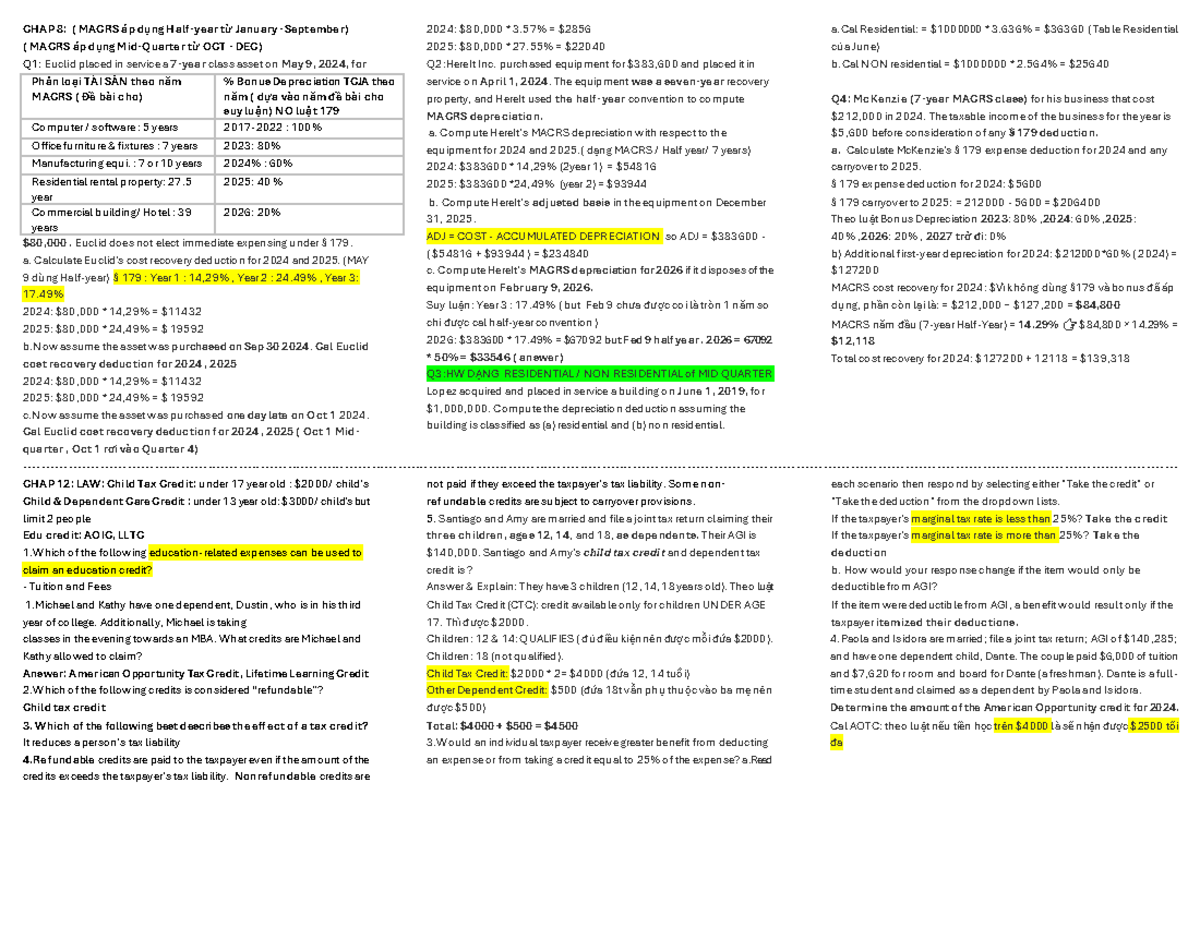 CHAP 8: MACRS Depreciation & Tax Credits Overview for Exam 3 - Studocu