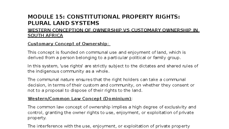 Module 15: Constitutional Property Rights & Land Systems in SA - Studocu