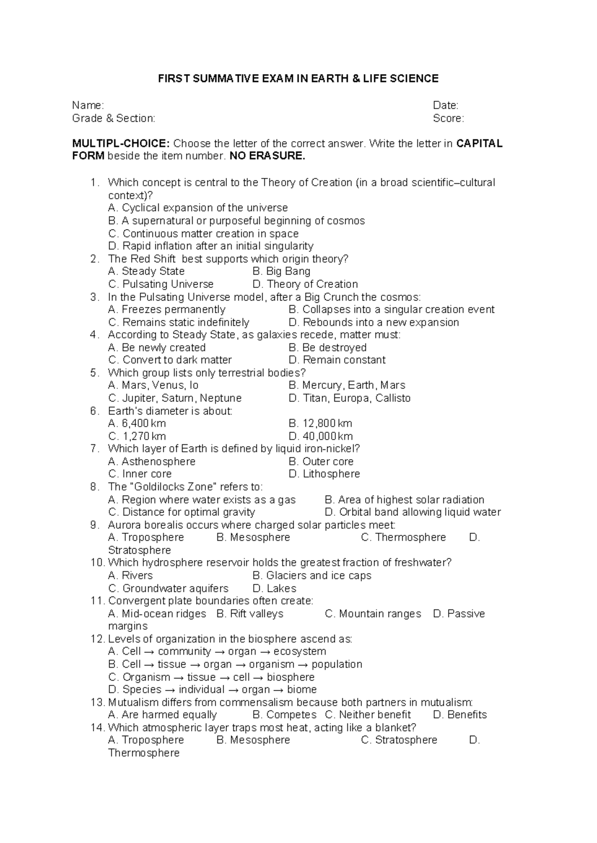 Summative Exam in Earth Life Science (Course Code: ELS101) - Studocu