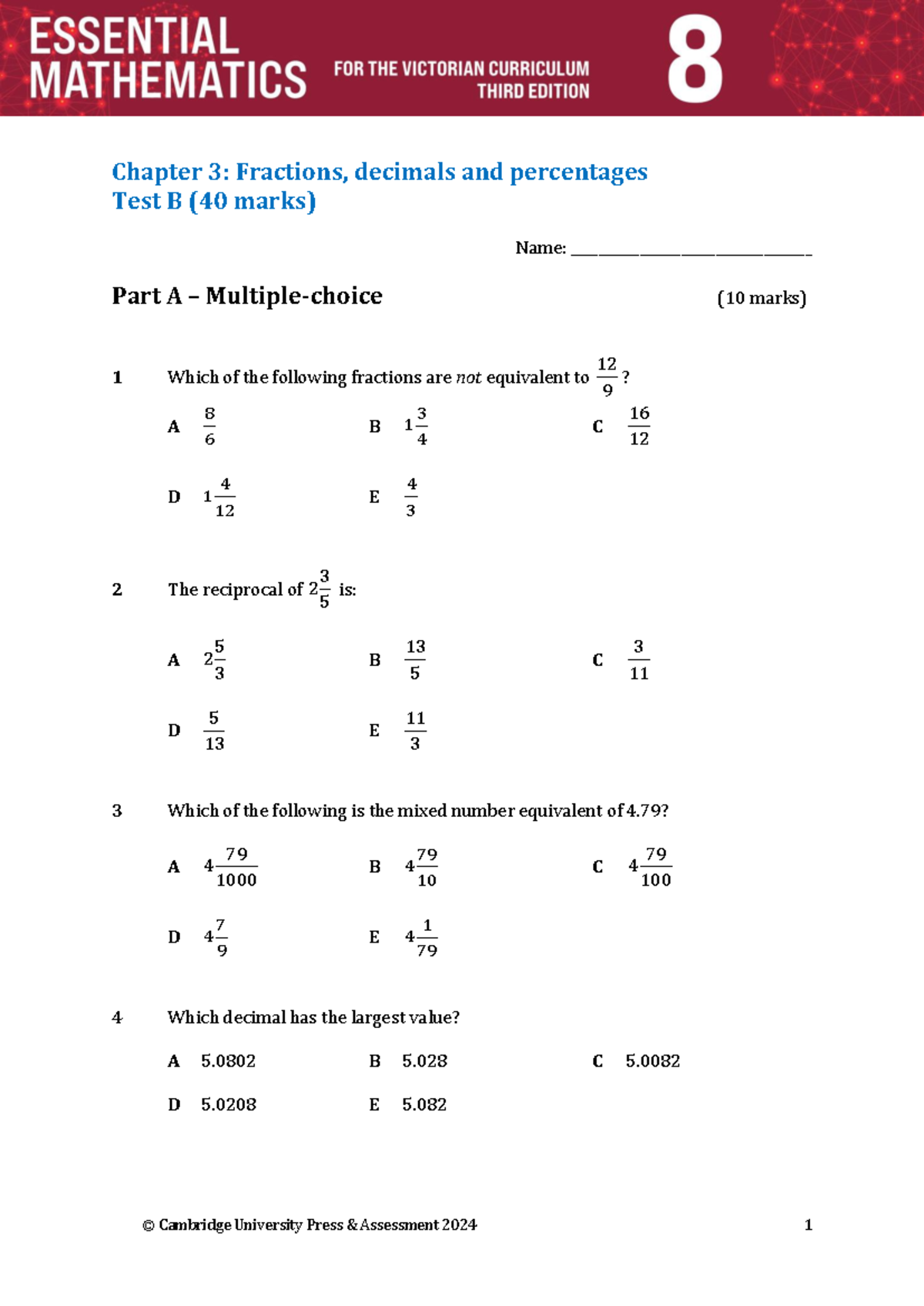 Chapter 3: Fractions, Decimals, and Percentages Test B (40 Marks) - Studocu