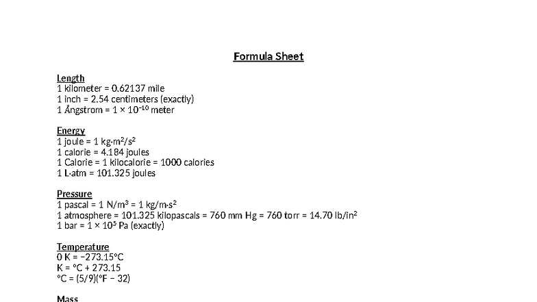 Exam Formula Sheet for Gen Chem 1 & 2 (Spring 2025) - Studocu