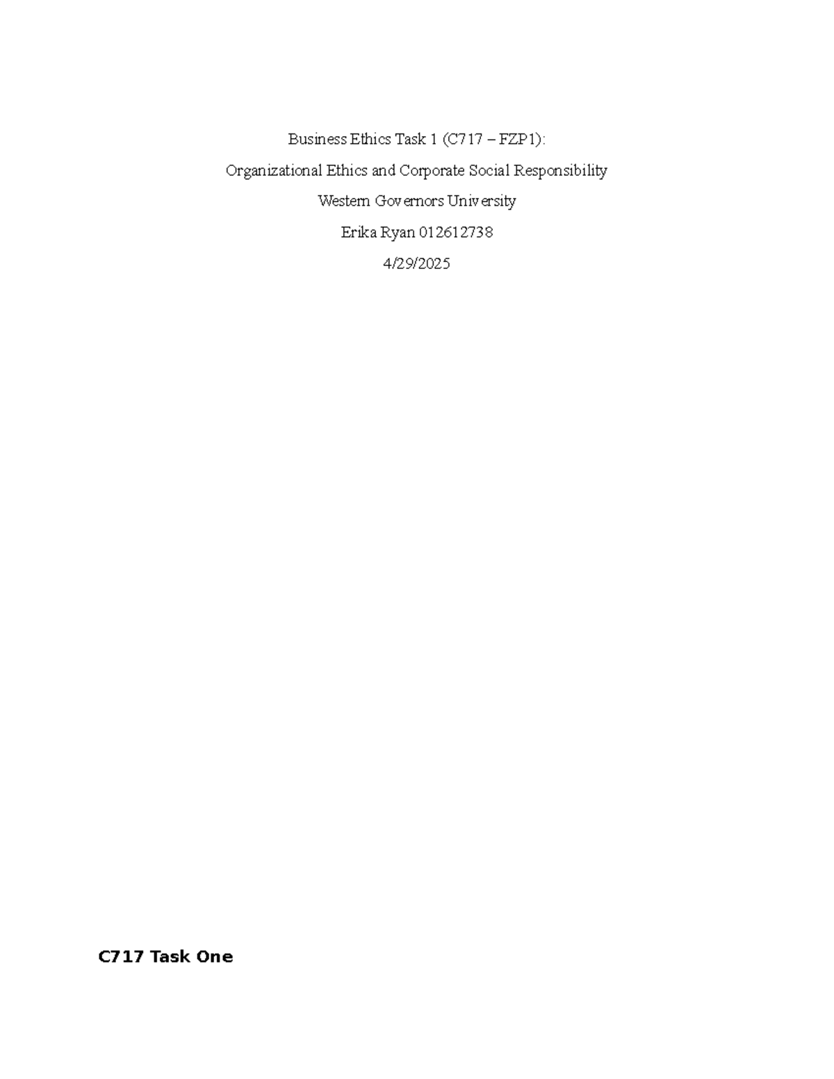 C717 Task One (FZP1): Organizational Ethics & CSR Analysis - Studocu