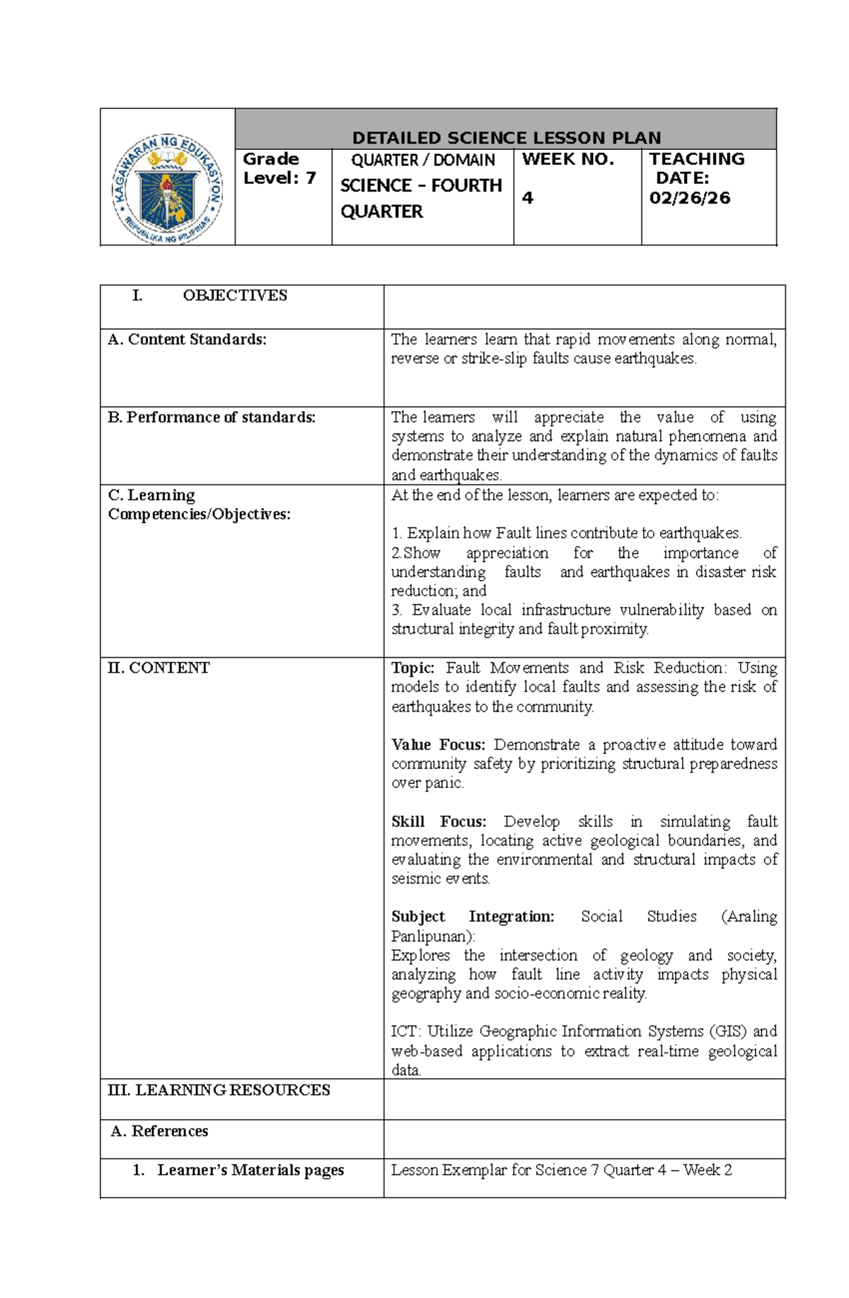 Grade 7 Detailed Science Lesson Plan: Fault Movements & Earthquake Risk ...