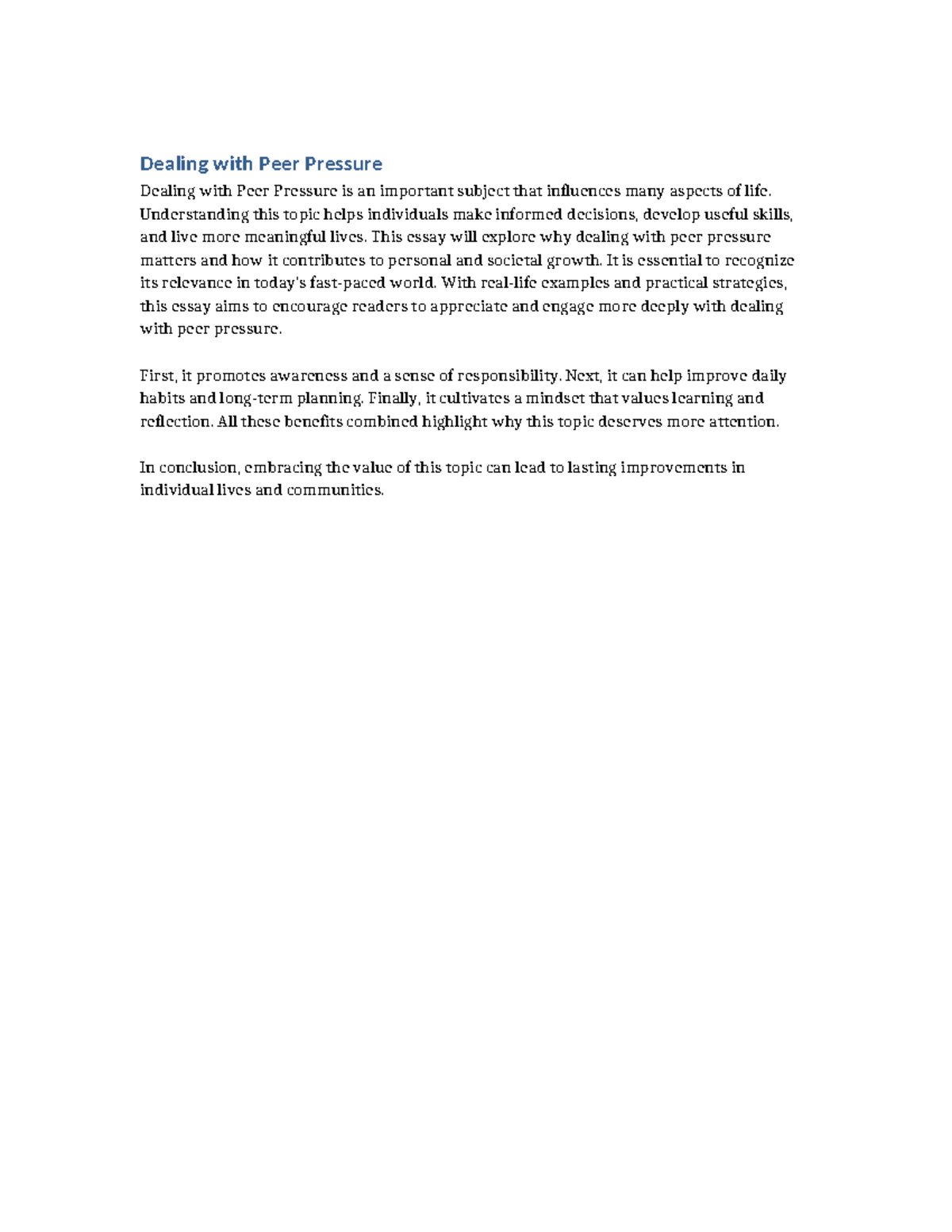 Essay 24: Understanding and Overcoming Peer Pressure - Studocu