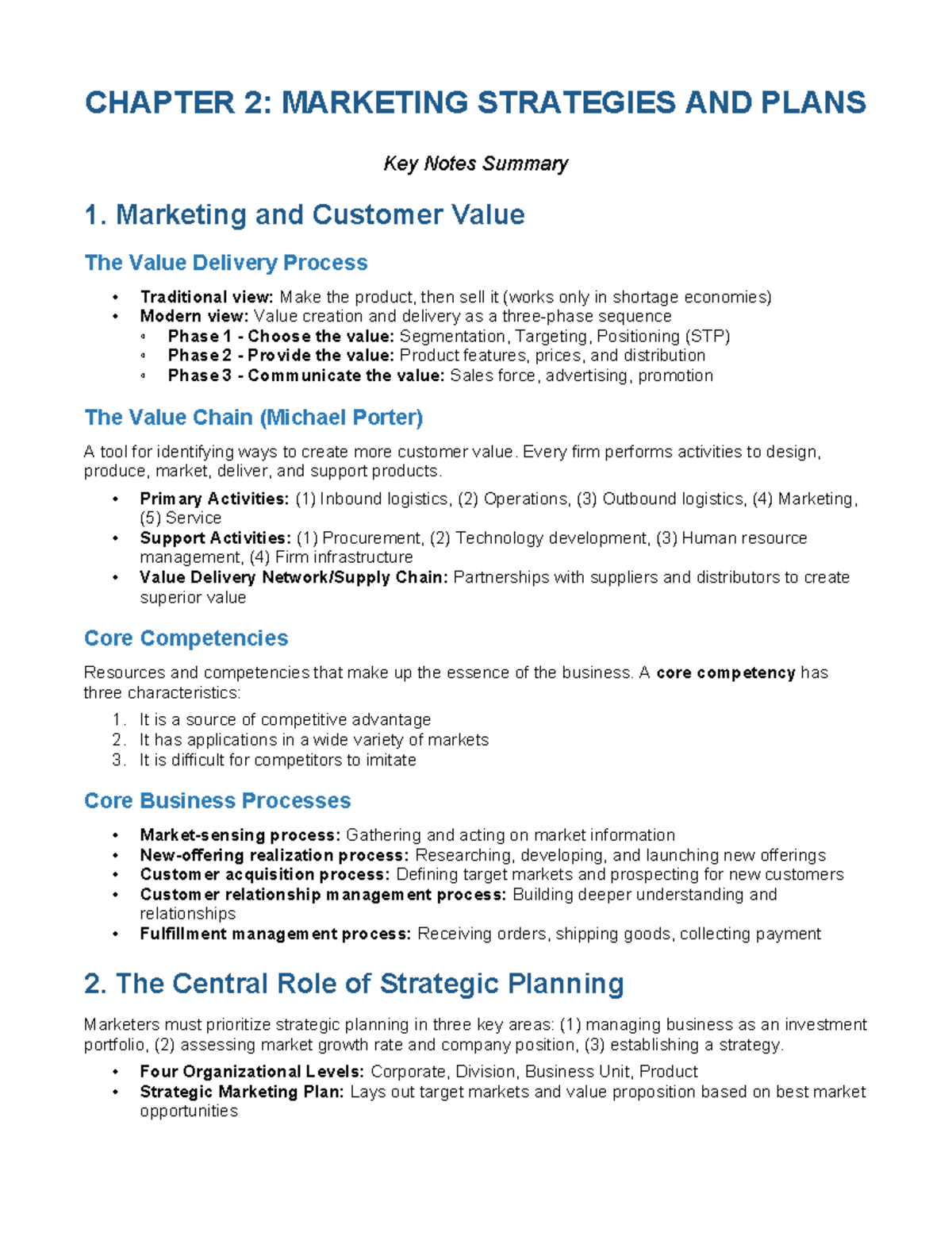 CHAPTER 2: MARKETING STRATEGIES AND PLANS Key Notes Summary - Studocu