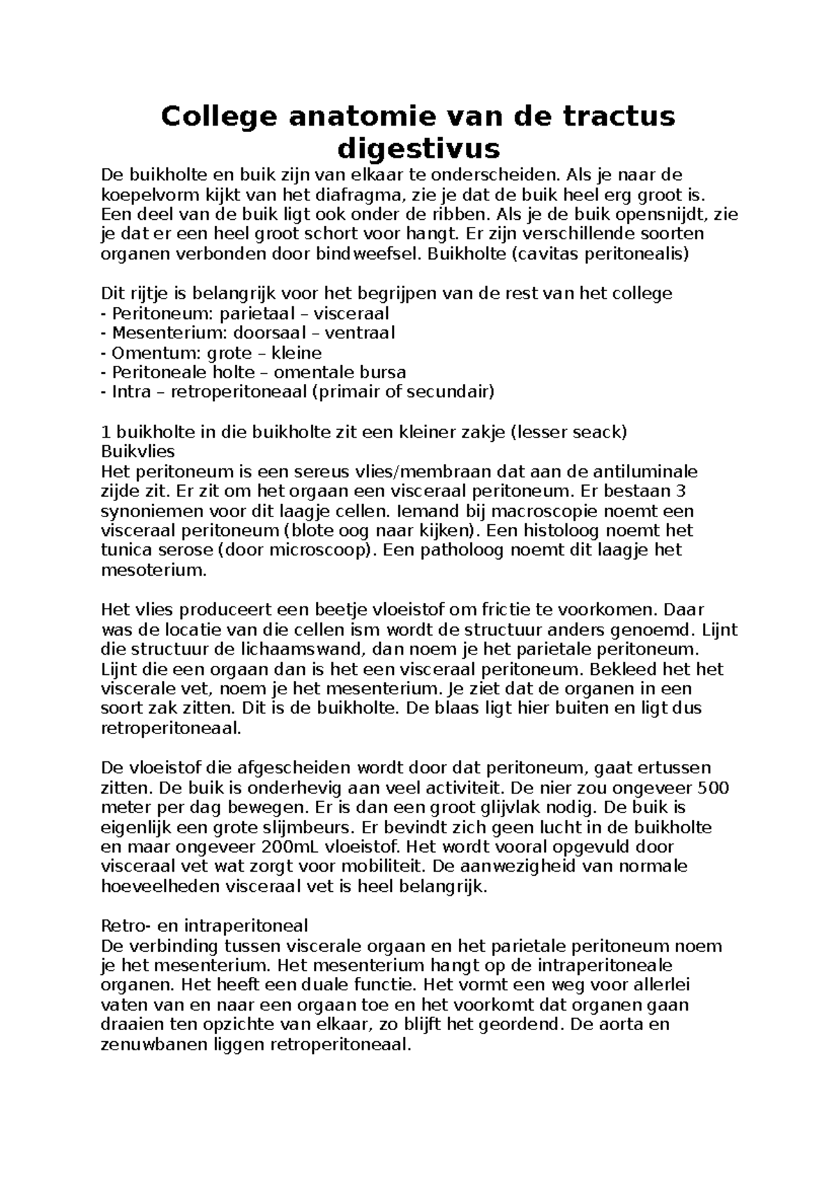 College Anatomie: Tractus Digestivus en Buikholte Anatomie - Studeersnel