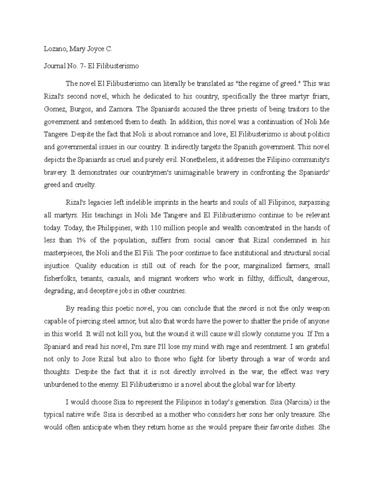 Journal No. 7- El Filibusterismo for LWR Subject - Lozano, Mary Joyce C ...