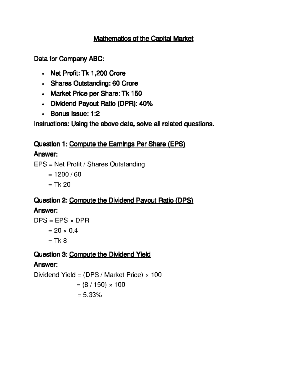 Capital Market Mathematics: Company ABC Financial Analysis (MATH 101 ...