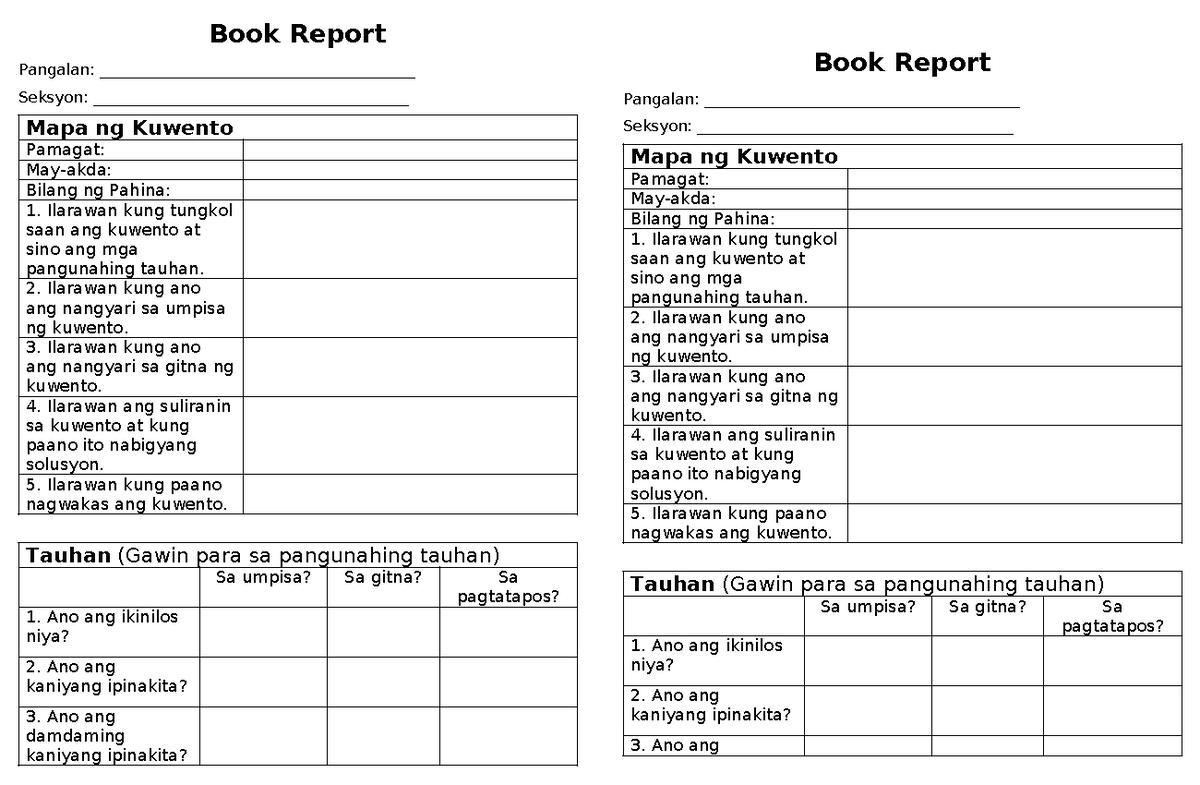 Pagsusuri ng Kuwento: Template para sa Ulat ng Libro sa Filipino - Studocu