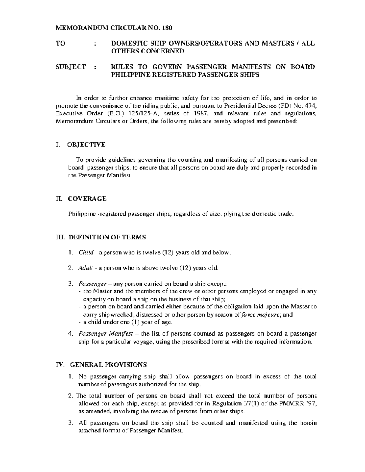 Marina MC 180: Guidelines for Passenger Manifests on PH Ships - Studocu