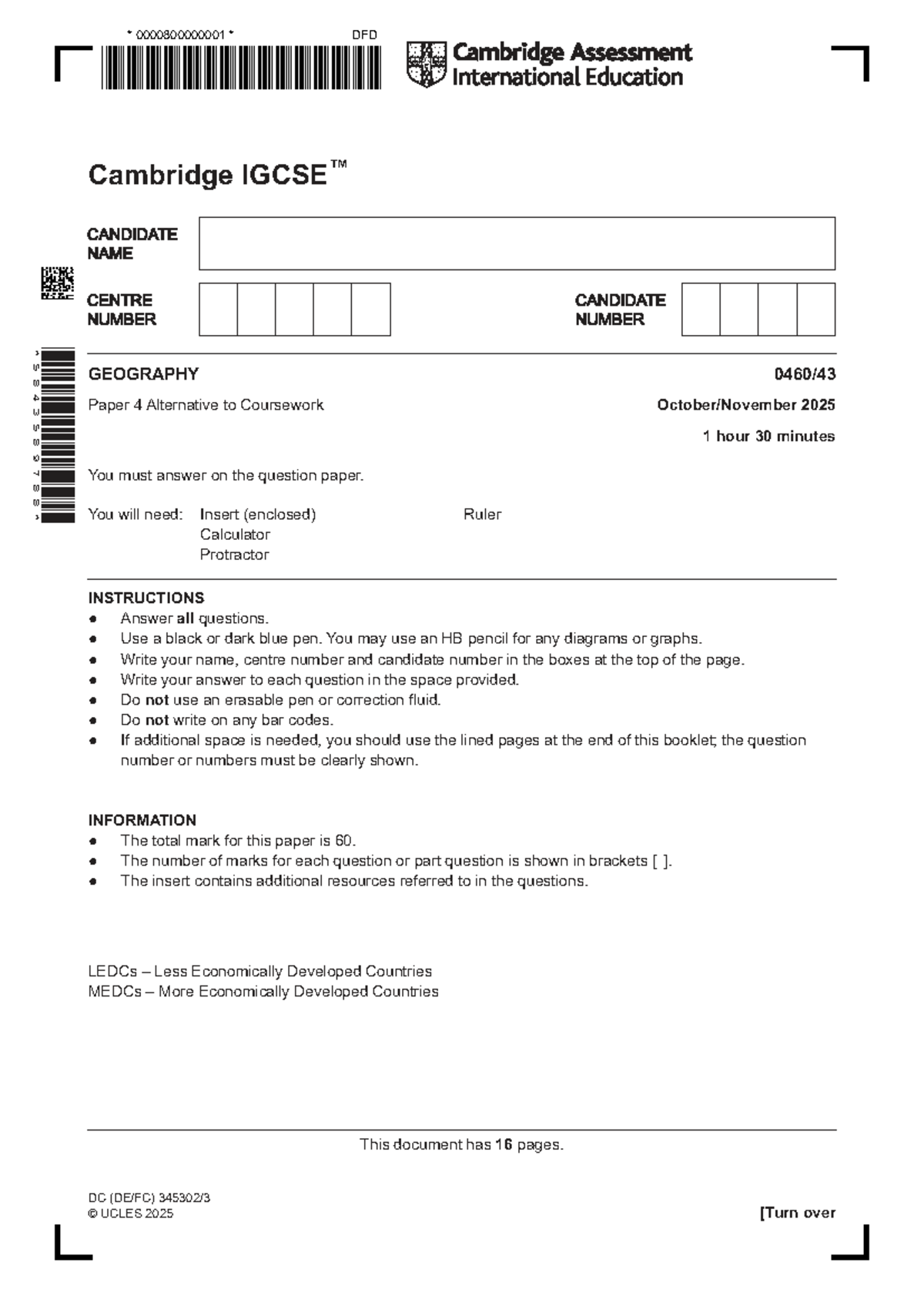 Geography Paper 4 Alternative to Coursework (0460) - DFD 2025 Exam ...