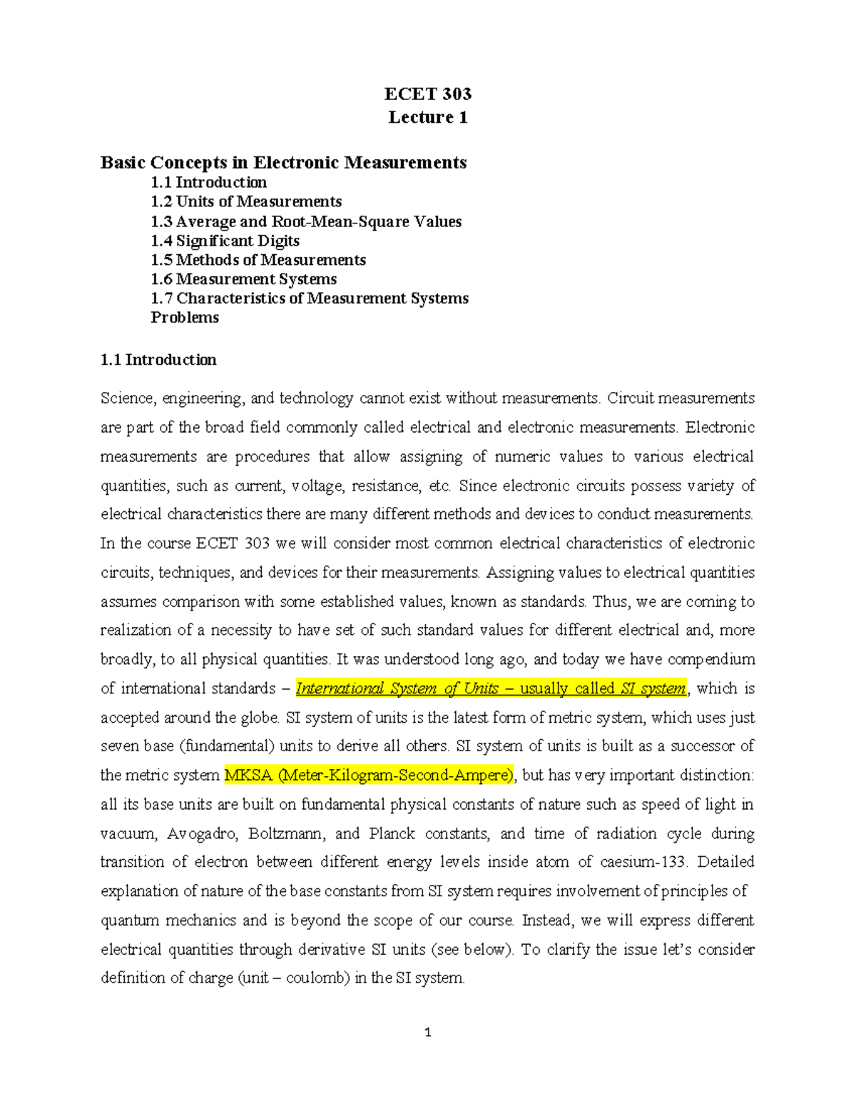ECET 303-102 Lecture 1: Fundamentals of Electronic Measurements - Studocu