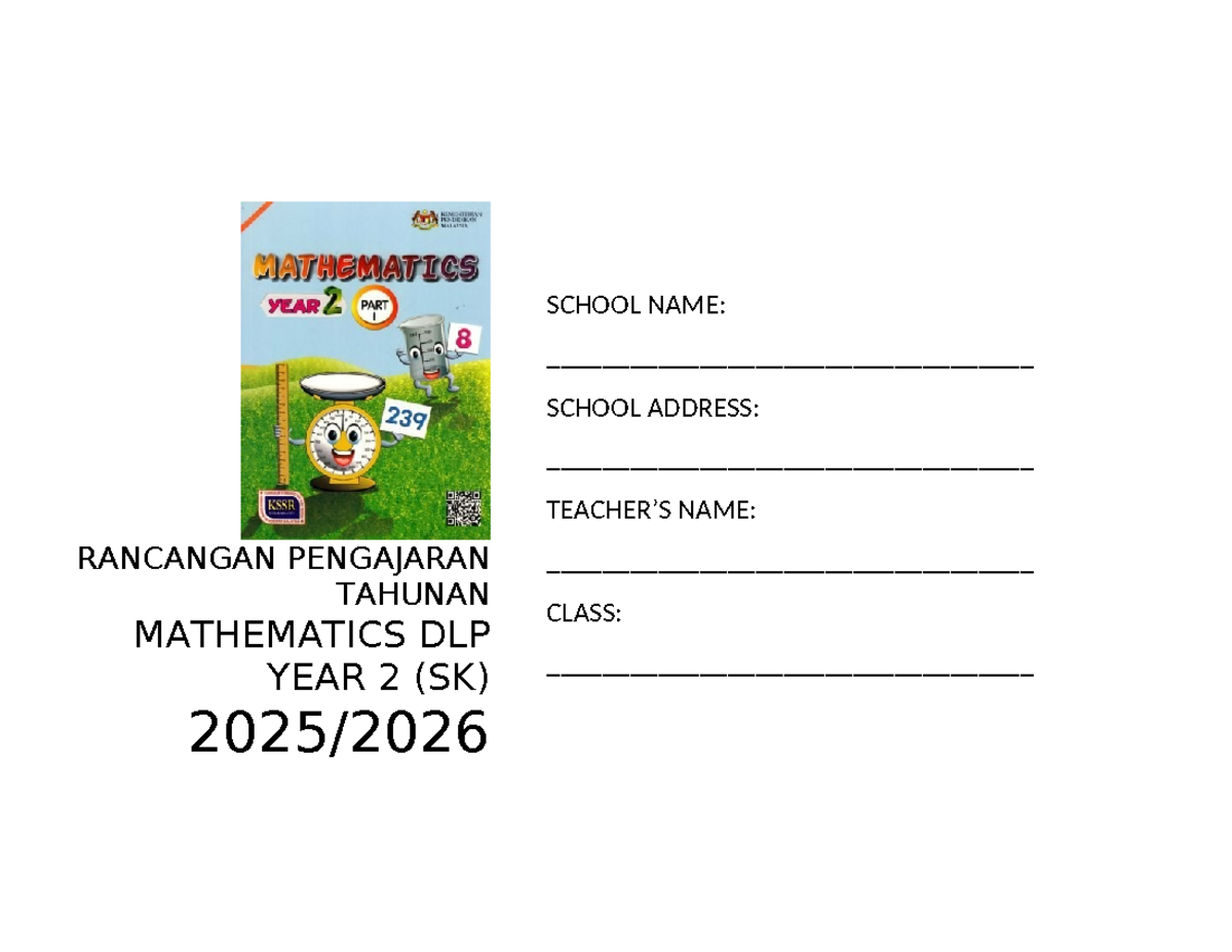 RPT MATH DLP YEAR 2 (SK) 2025-2026: SOW & Learning Standards - Studocu