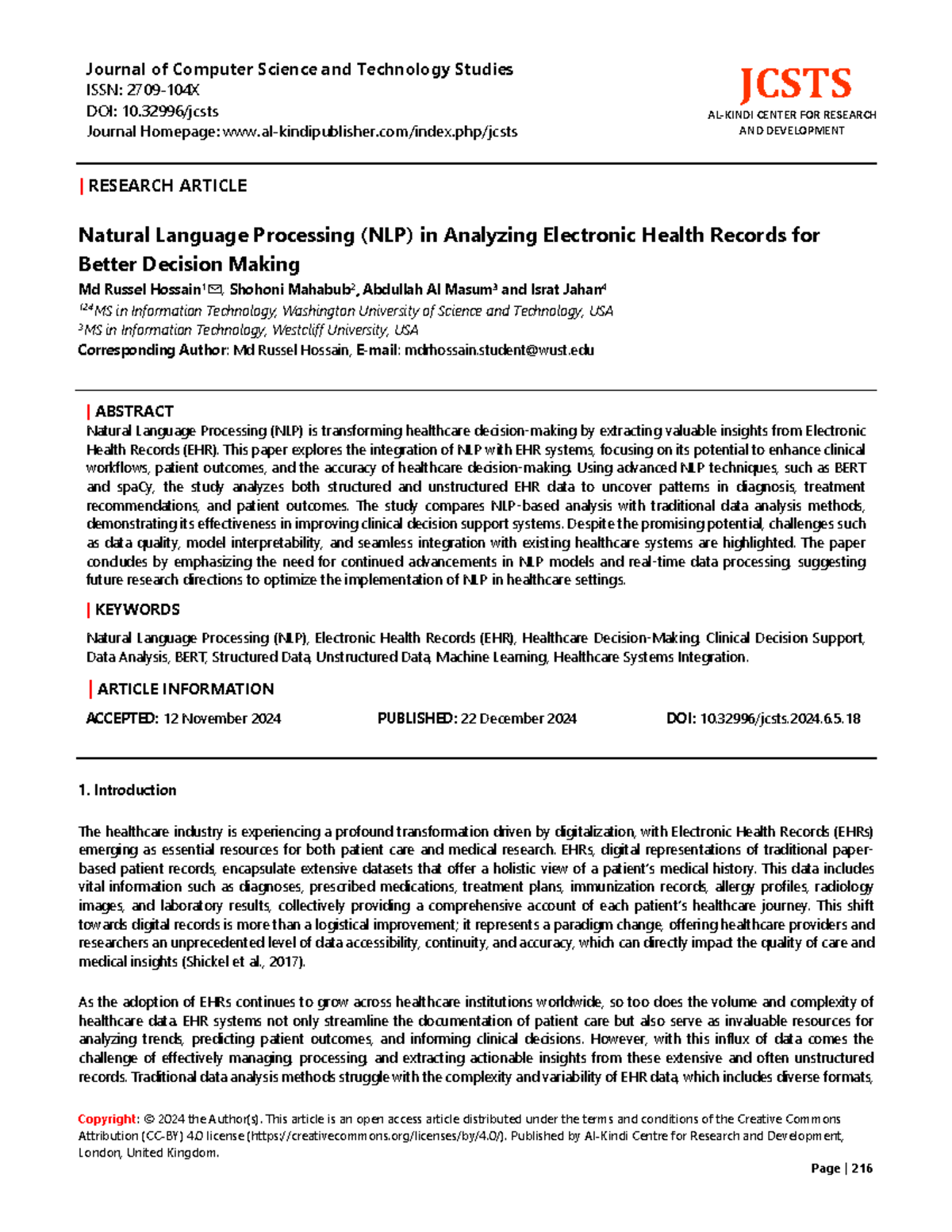 NLP Techniques in EHR Analysis for Enhanced Healthcare Outcomes (JCSTS ...