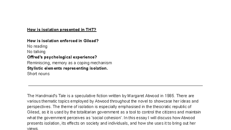 Isolation in The Handmaid's Tale: A Study of Gilead's Control - Studocu