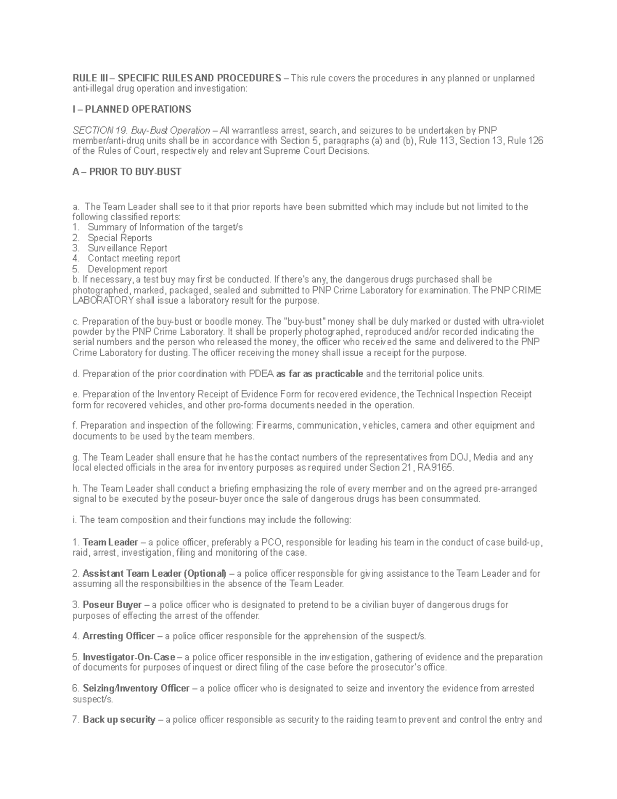 PNP Manual Rule III: Specific Procedures for Buy-Bust Operations - Studocu