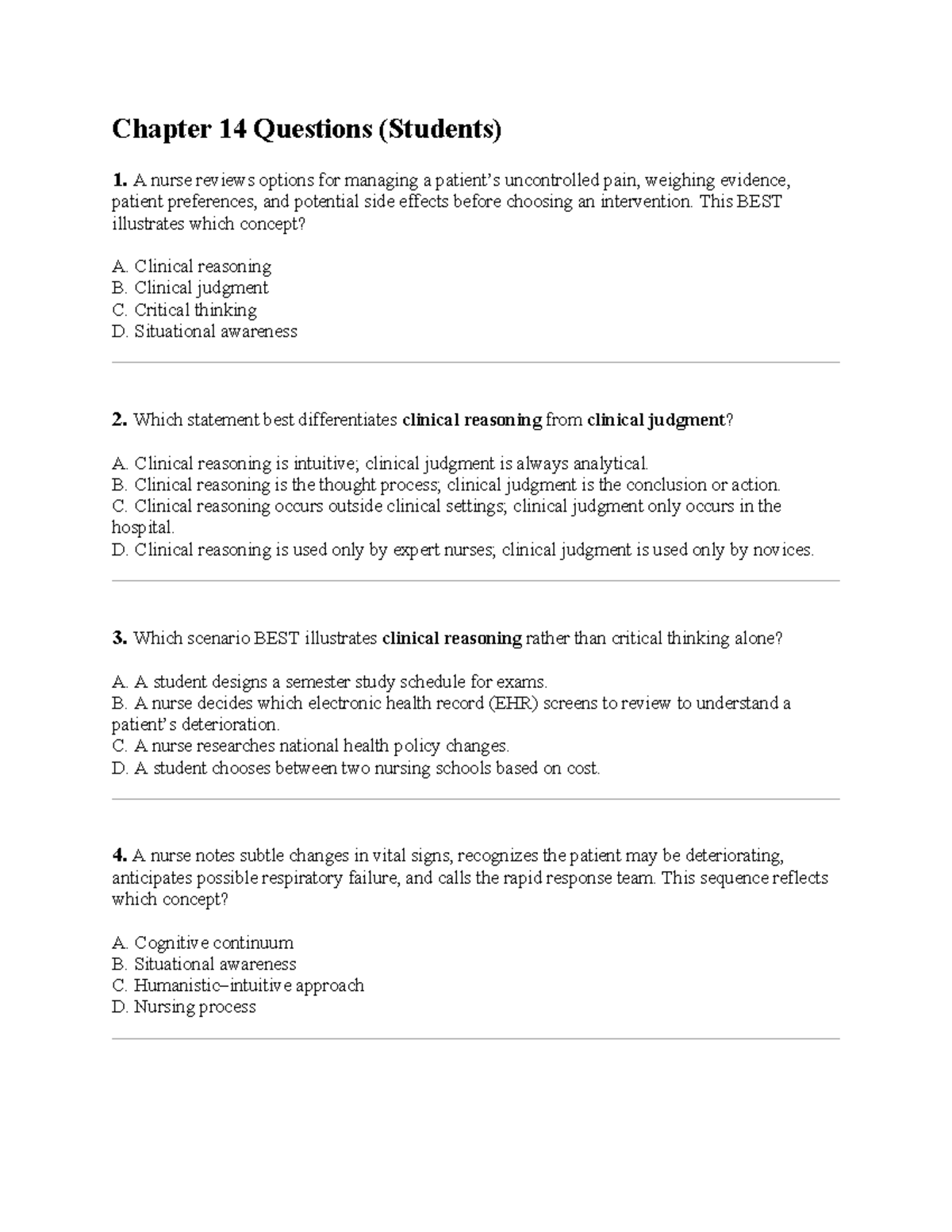 Chapter 14: Clinical Judgment and Reasoning Questions (Students) - Studocu
