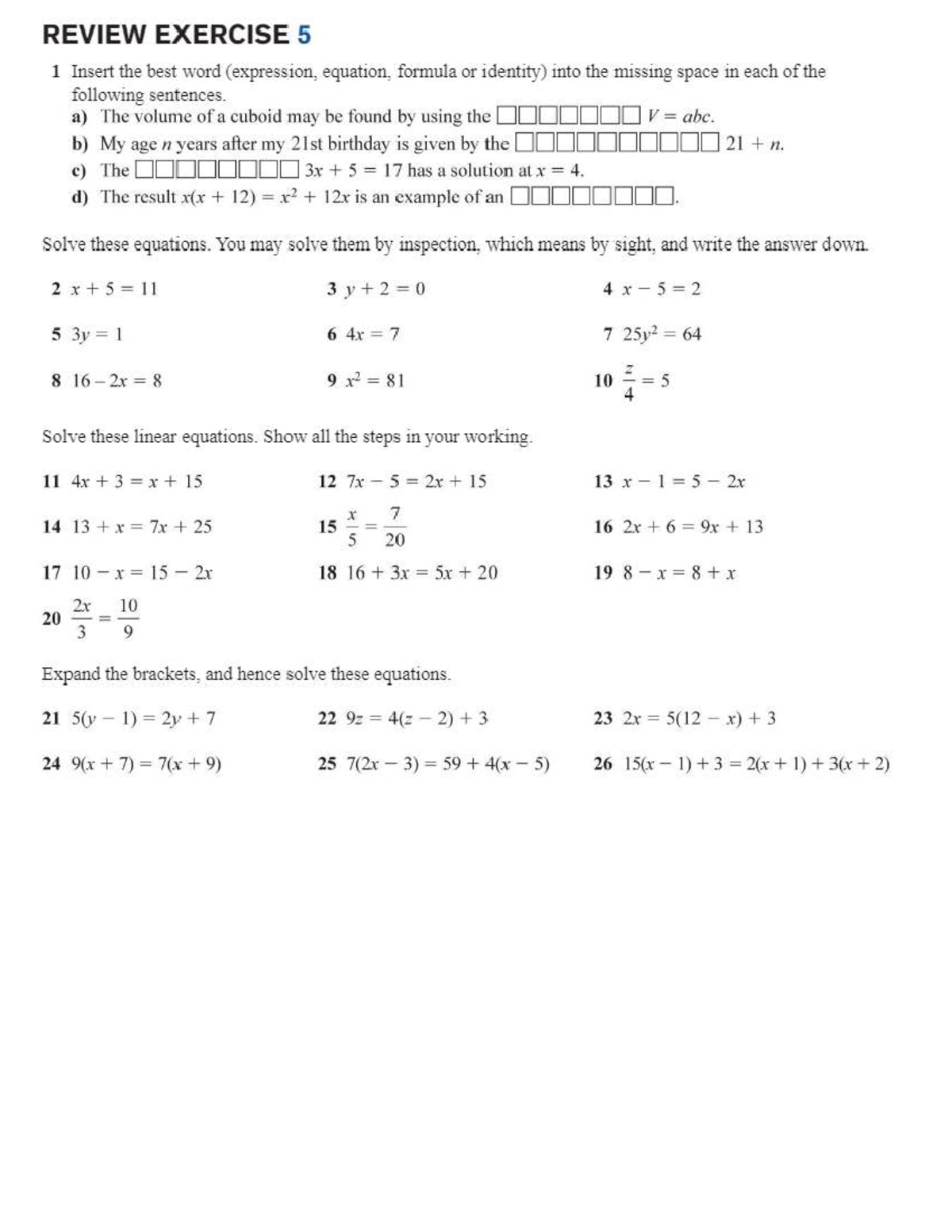 Chapter 5 Review - Algebraic Equations - REVIEW EXERCISE 5 1 Insert the ...