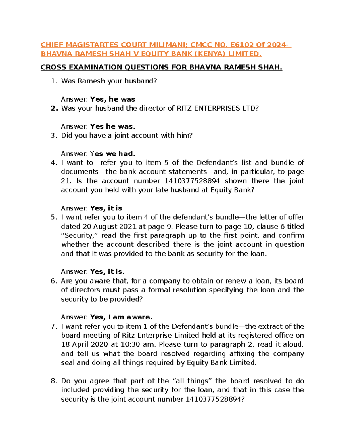 CMCC E6102/2024: Cross Examination Questions for Shah & Wamaitha - Studocu