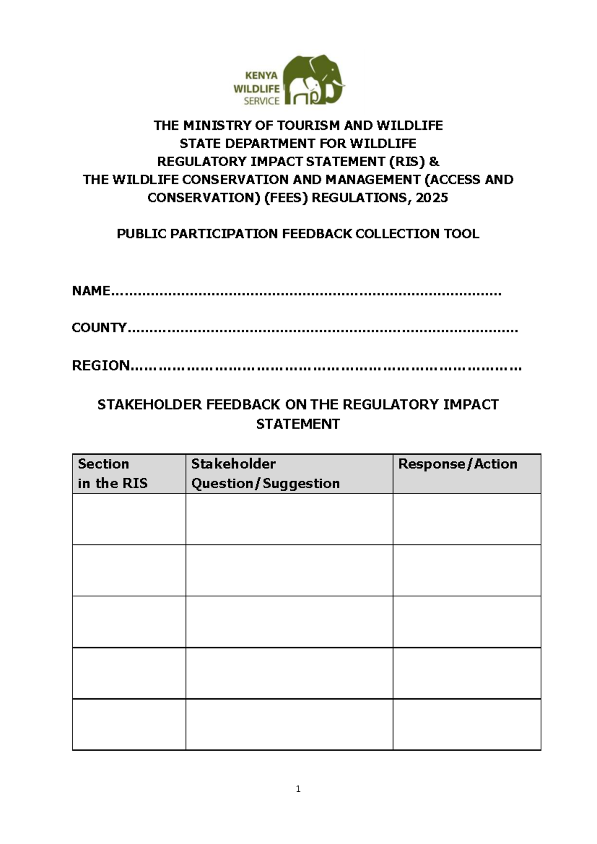 Public Participation Feedback Collection TOOL - 1 THE MINISTRY OF ...