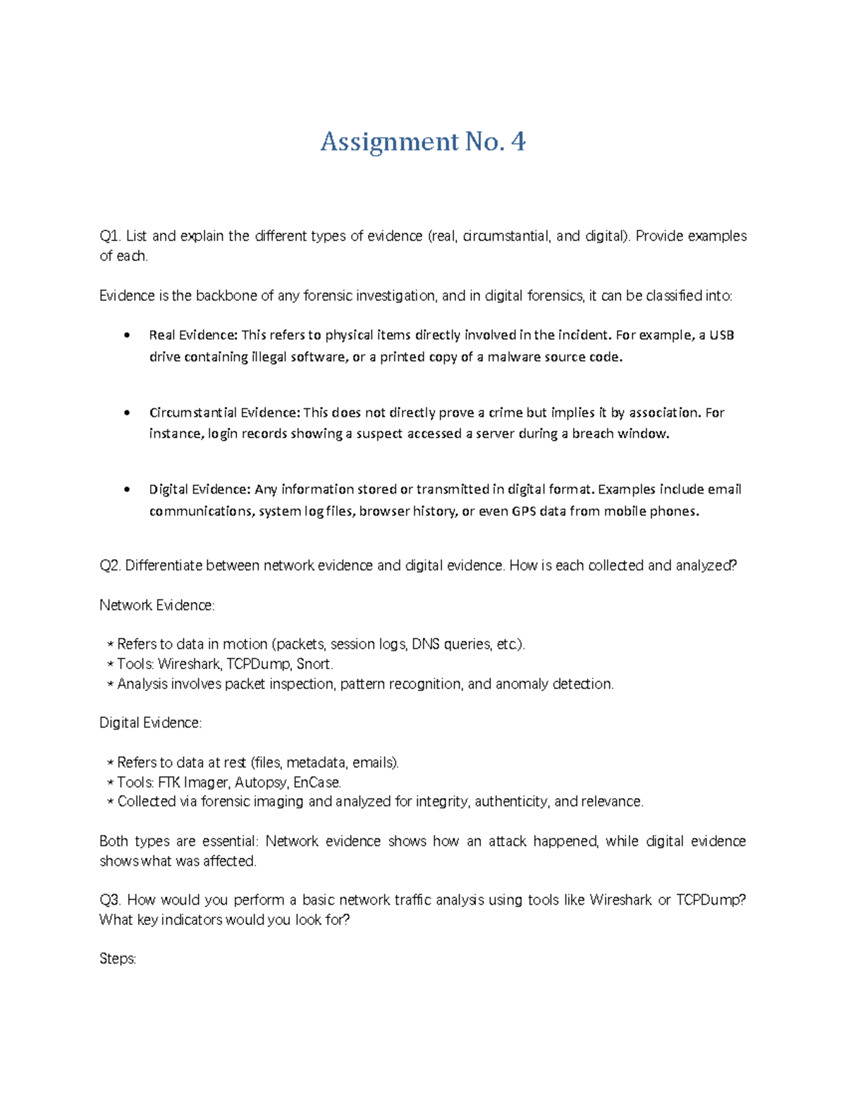 Cyber Forensics Assignment 4: Types of Evidence & Analysis Techniques - Studocu