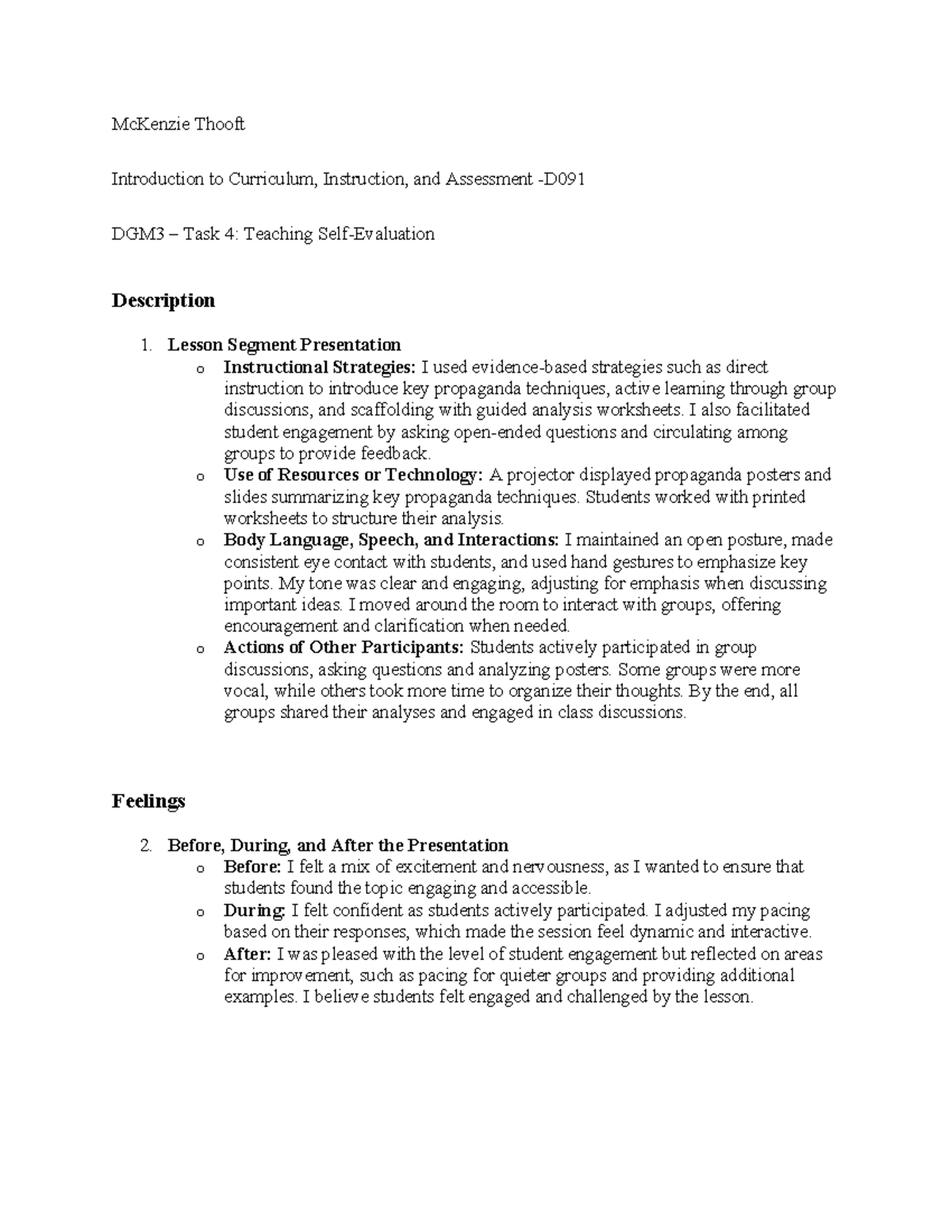 DGM3 Task 4: Teaching Description & Lesson Segment Reflection - Studocu