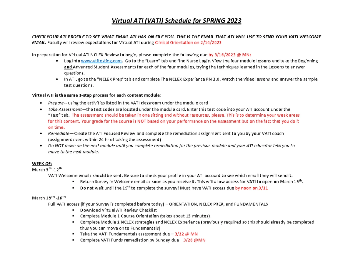 Virtual ATI (VATI) assignments and schedule for Spring 2023 - 1-3-22 ...