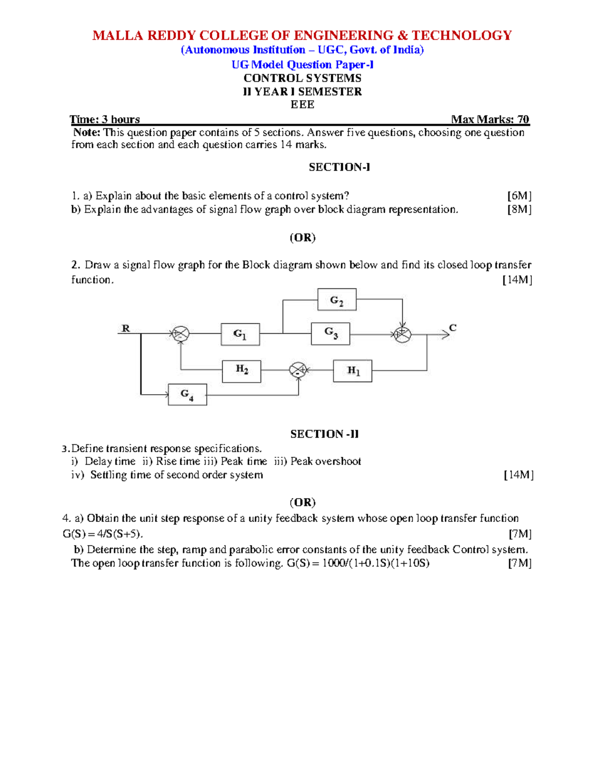 Control Systems II Year I Semester Model Question Paper - MALLA REDDY ...