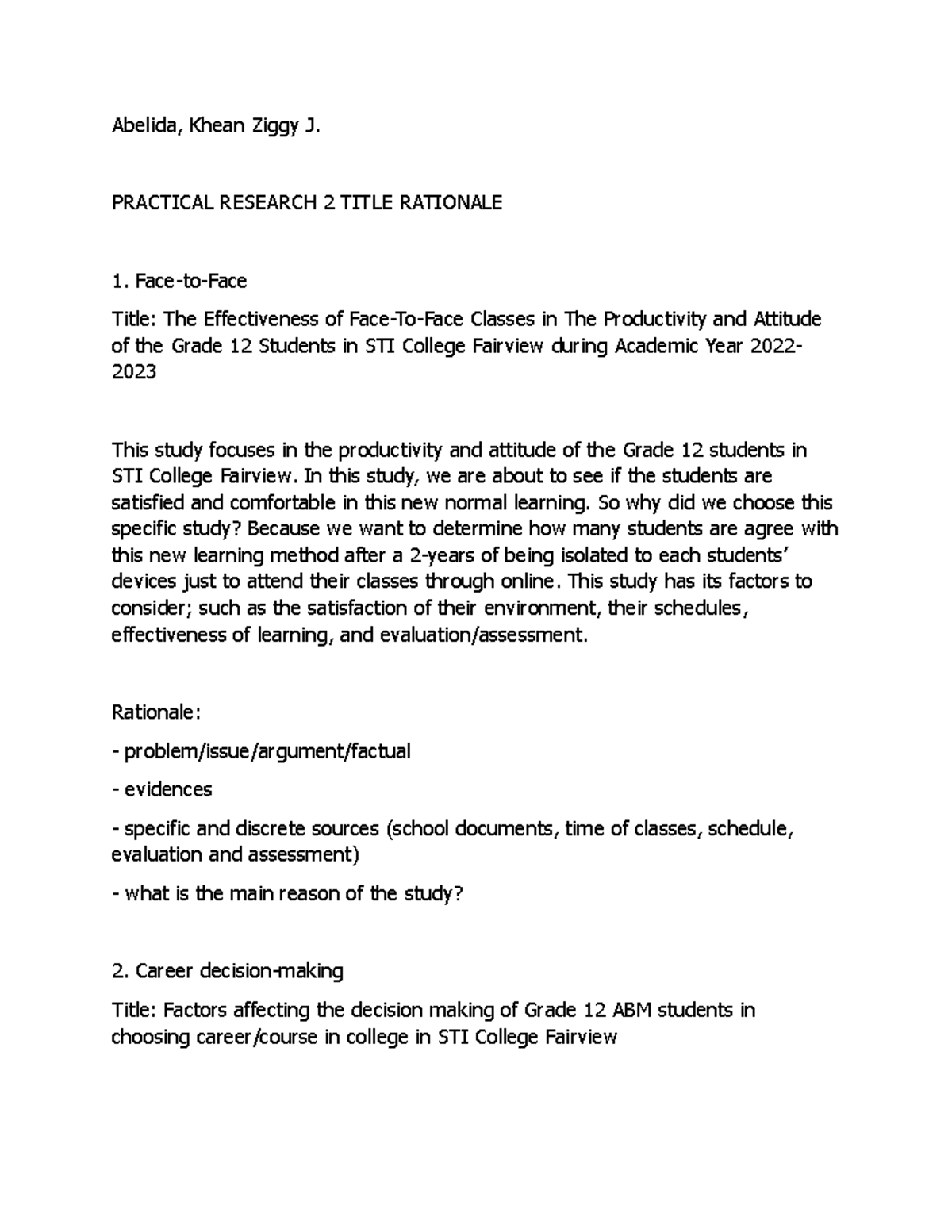 PR2 - Practical Research 2 Rationale on Student Productivity & Decision ...