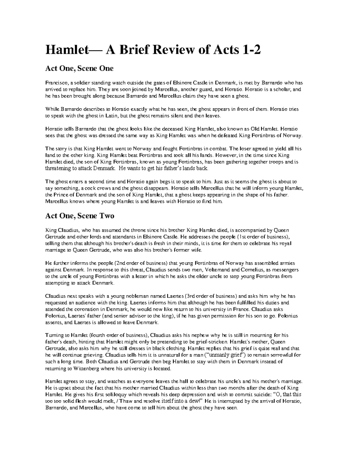Hamlet (ENG 101) Review of Acts 1 & 2: Key Themes and Character ...