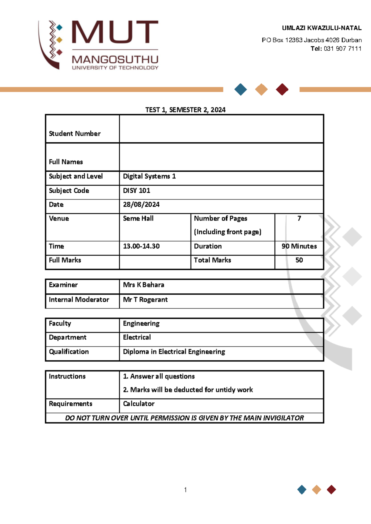 Test 1, Semester 2, 2024 - Digital Systems 1 (DISY 101) - Studocu