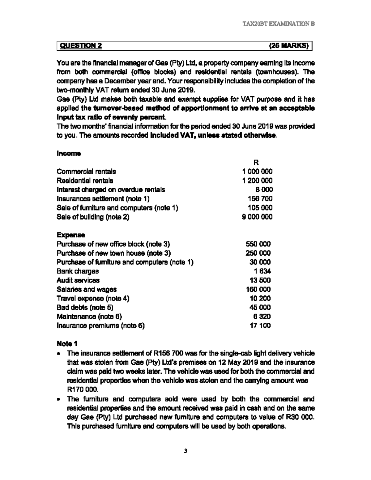 VAT practice 1 - STUDY - TAX20BT EXAMINATION B QUESTION 2 (25 MARKS ...