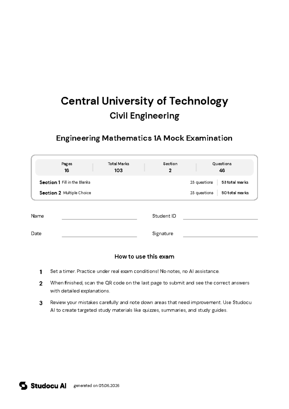 Engineering Mathematics 1A Mock Exam - Studocu