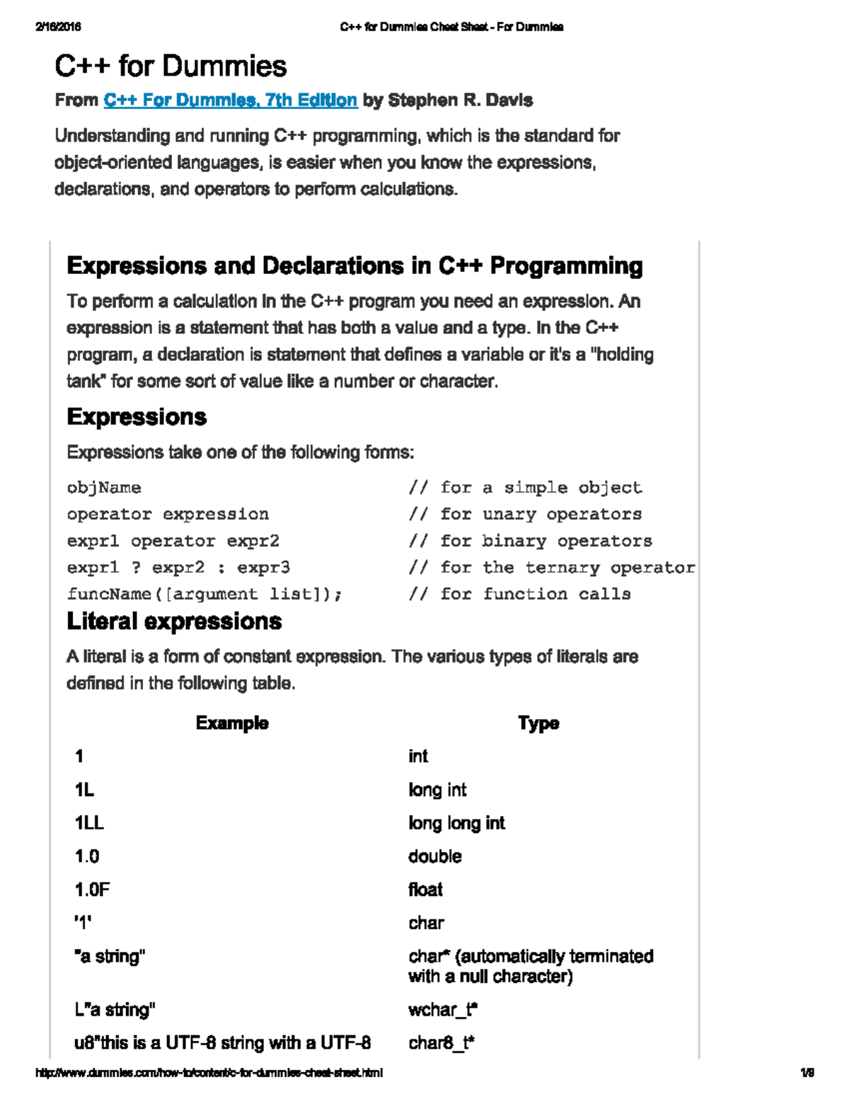 C Programming Cheat Sheet - For Dummies, 7th Edition - Studocu