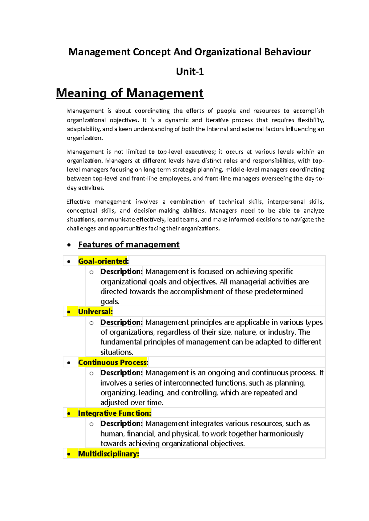 MCOB-Unit 1: Meaning & Features of Management Concepts - Studocu