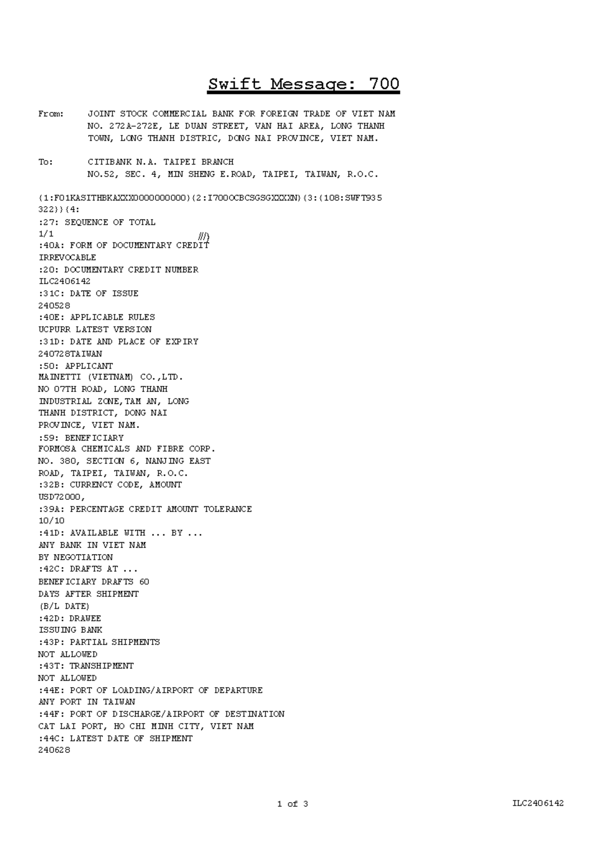 LC ILC2406142: Swift Message for Documentary Credit from VCB - Studocu