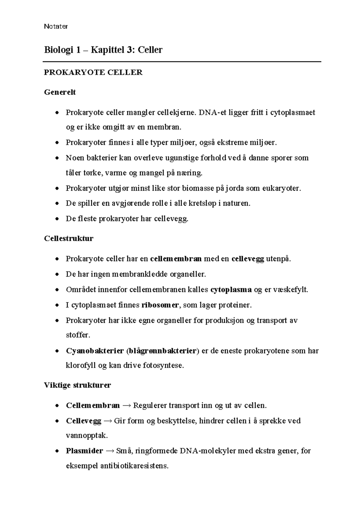 Biologi 1 - Kapittel 3: Prokaryote og Eukaryote Celler VG2 - Studocu