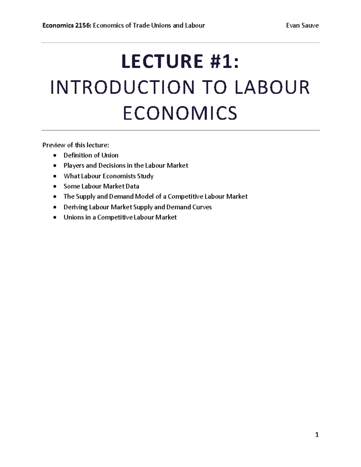 Economics 2156: Lecture on Labour Economics and Trade Unions - Studocu