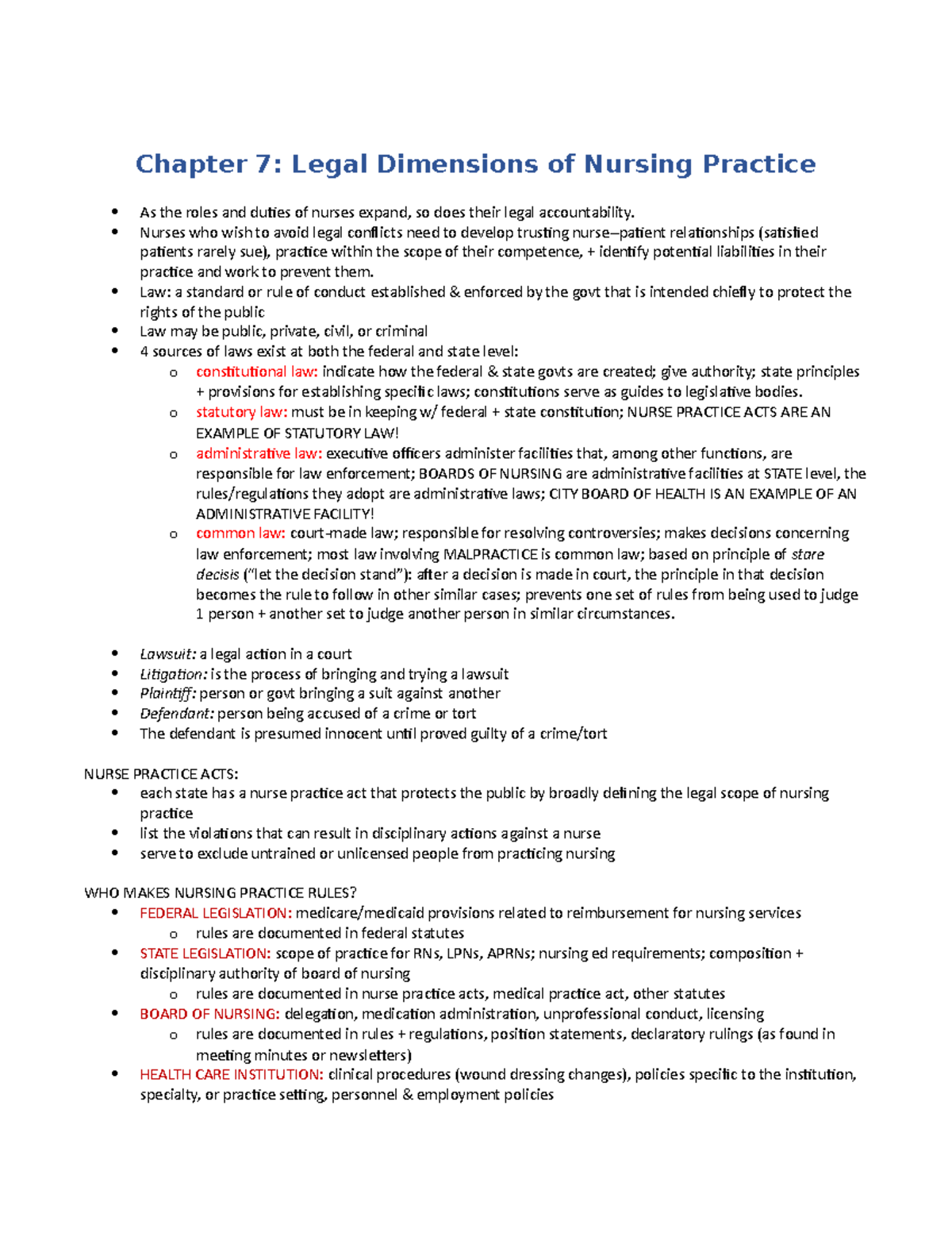 KC Chapter 07: Legal Dimensions and Responsibilities in Nursing - Studocu