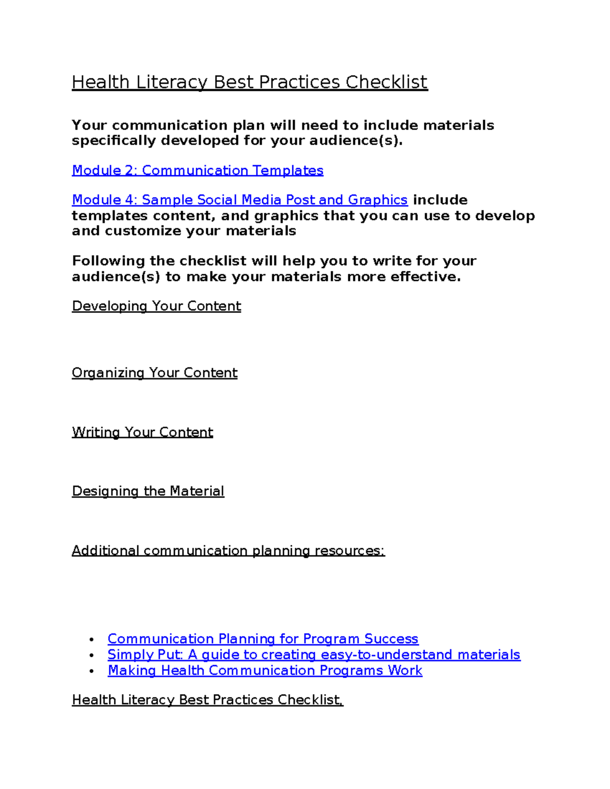 Health Literacy Best Practices Checklist - Module 2: Communication ...