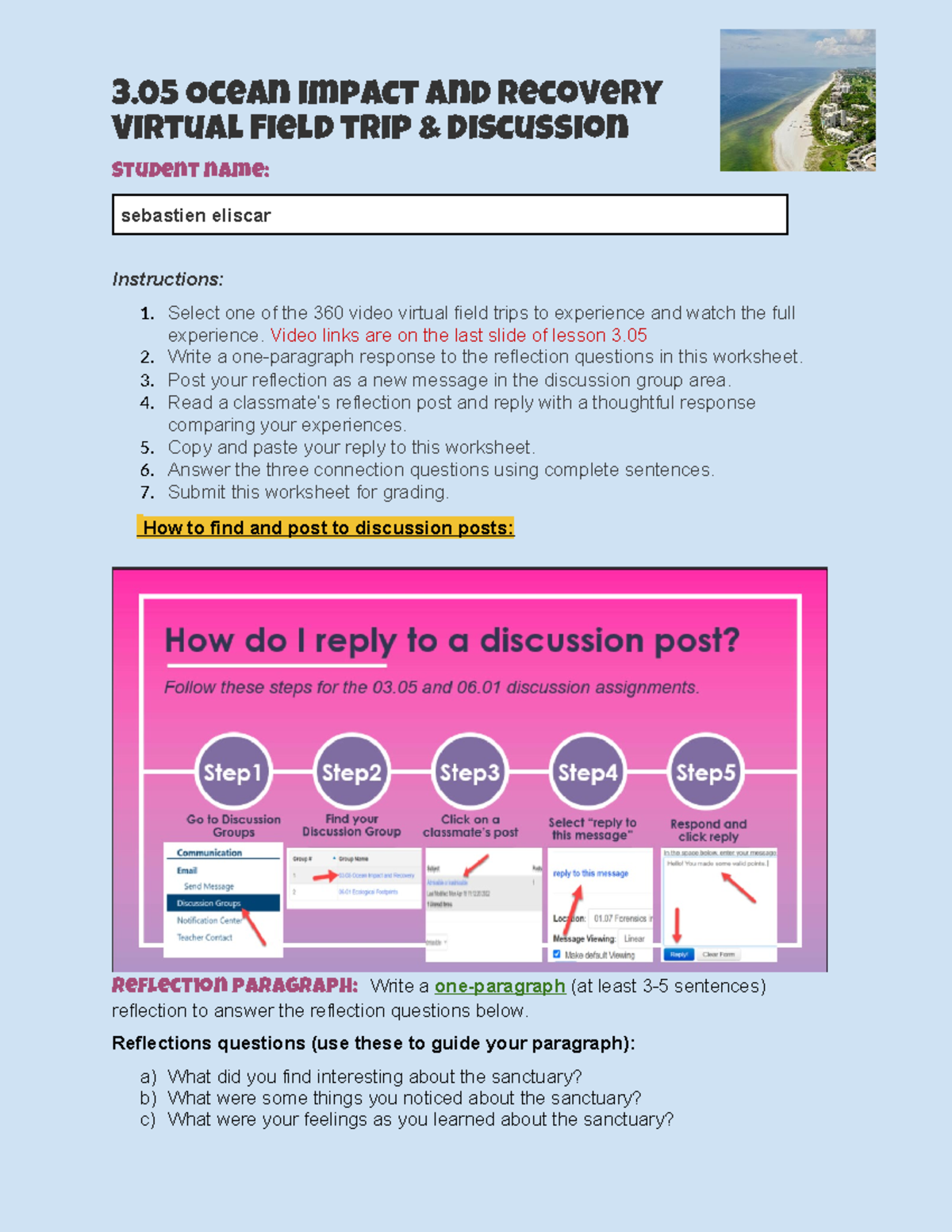 3.05 Virtual Field Trip: Ocean Impact & Recovery Reflection Worksheet ...