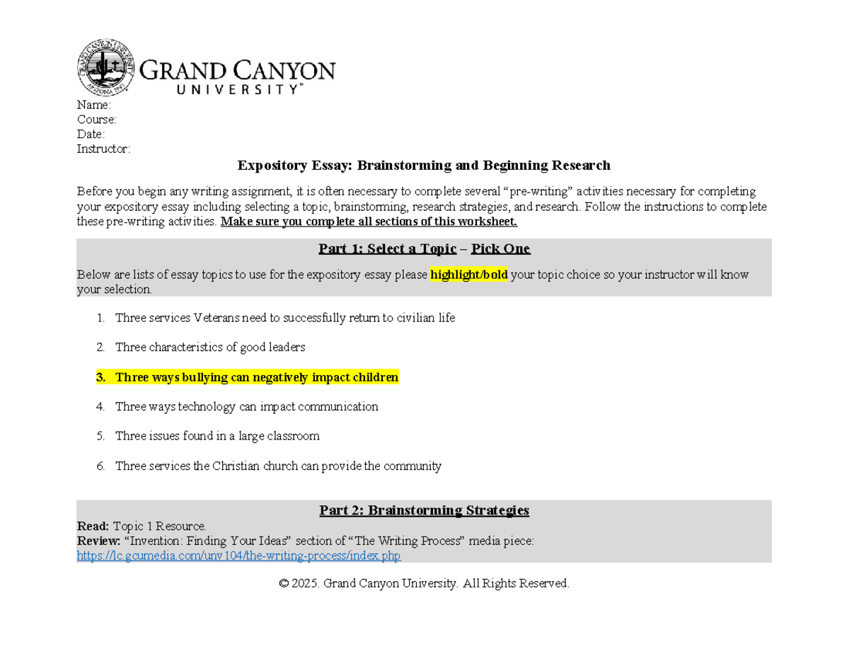 Expository Essay: Brainstorming & Research Strategies (ENG 2025) - Studocu