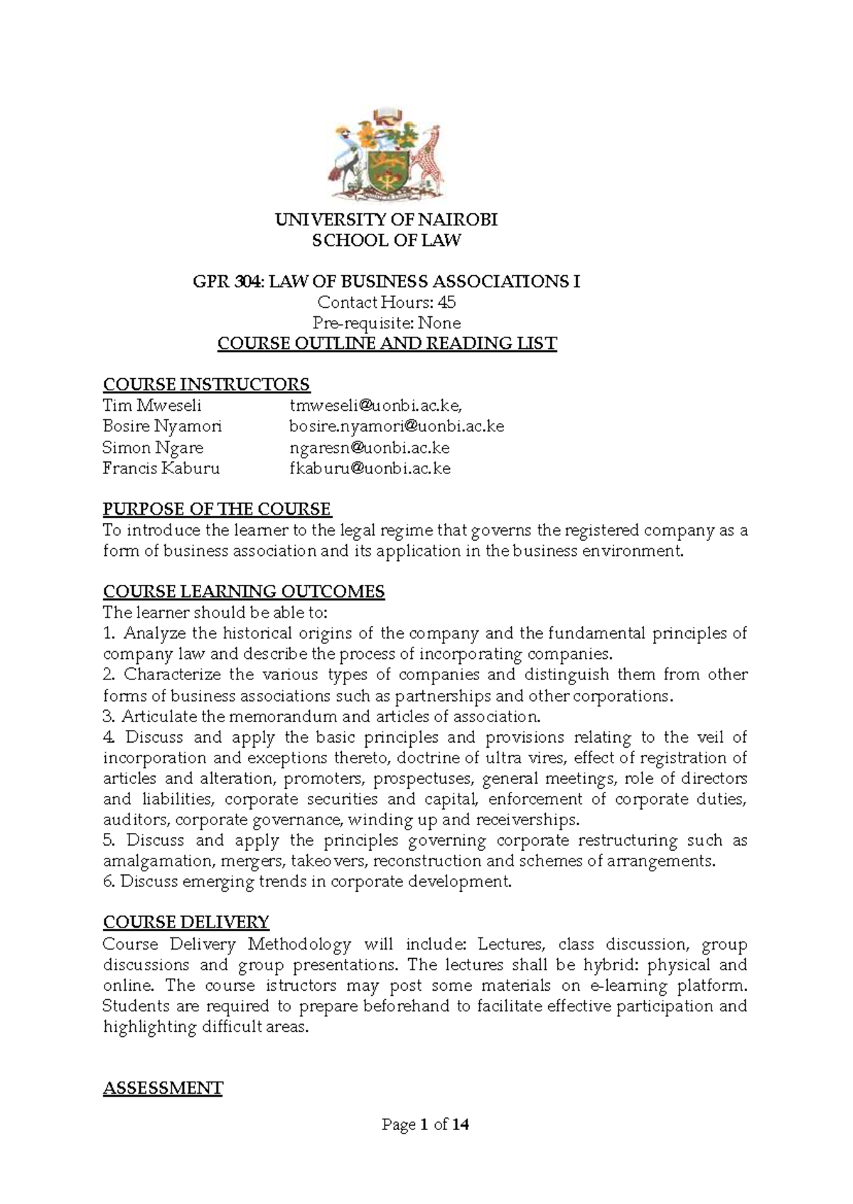 GPR 304: Law of Business Associations I - Course Outline 2023 - Studocu