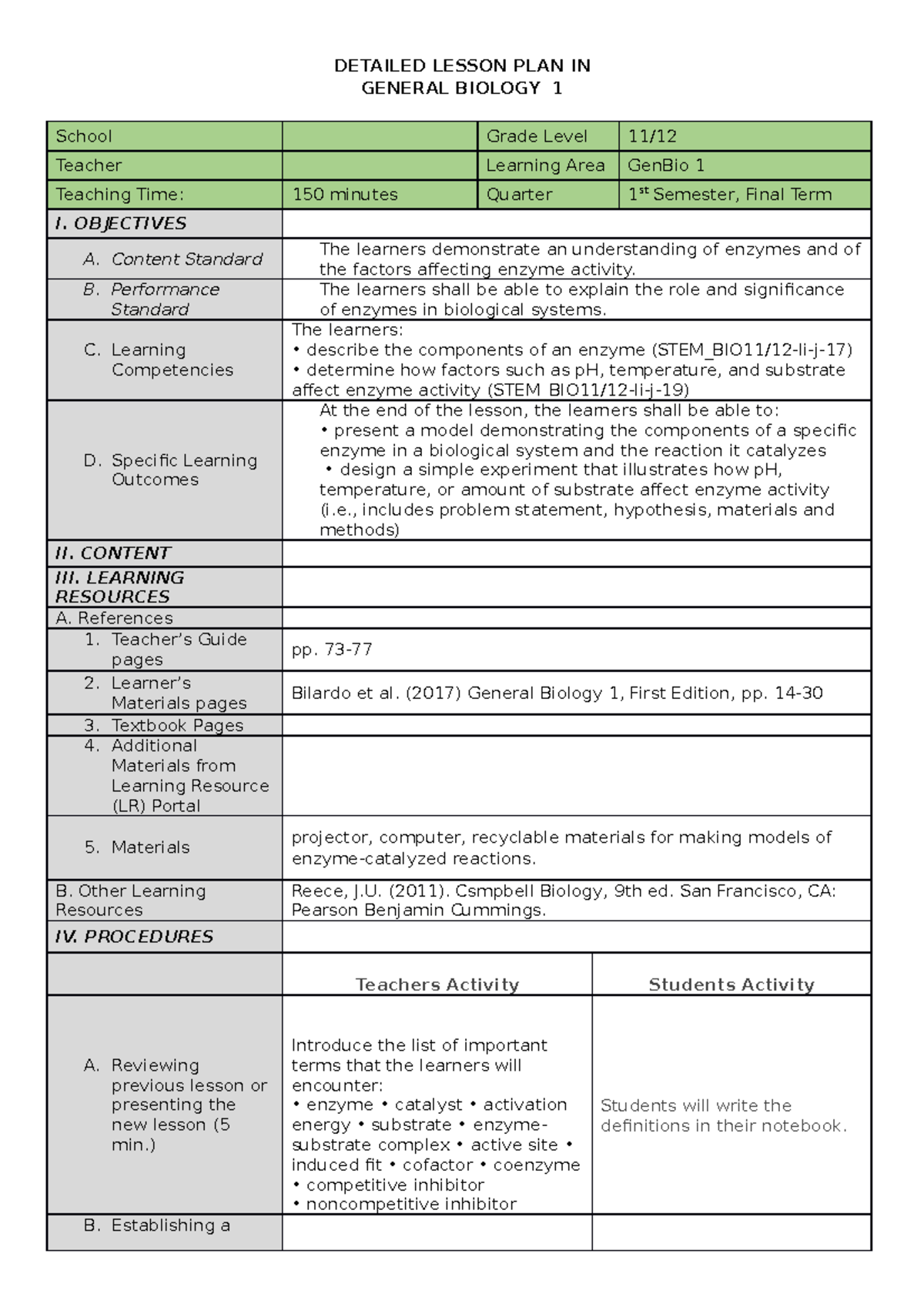 STEM BIO11 12 Ii j 17 Enzymes - DETAILED LESSON PLAN IN GENERAL BIOLOGY ...