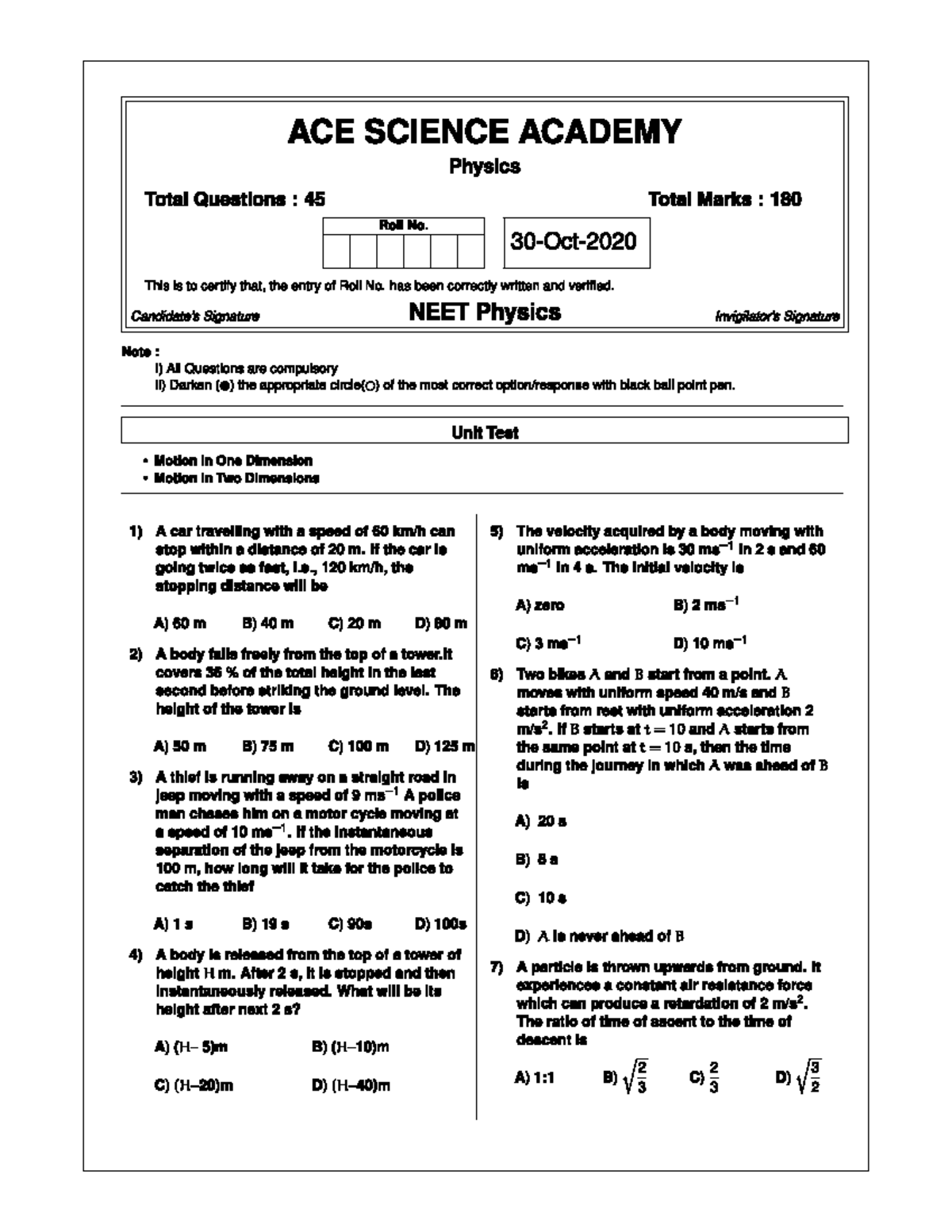 Motion in 1 & 2 Dimensions - ACE Academy - MCQ Unit Test - Studocu
