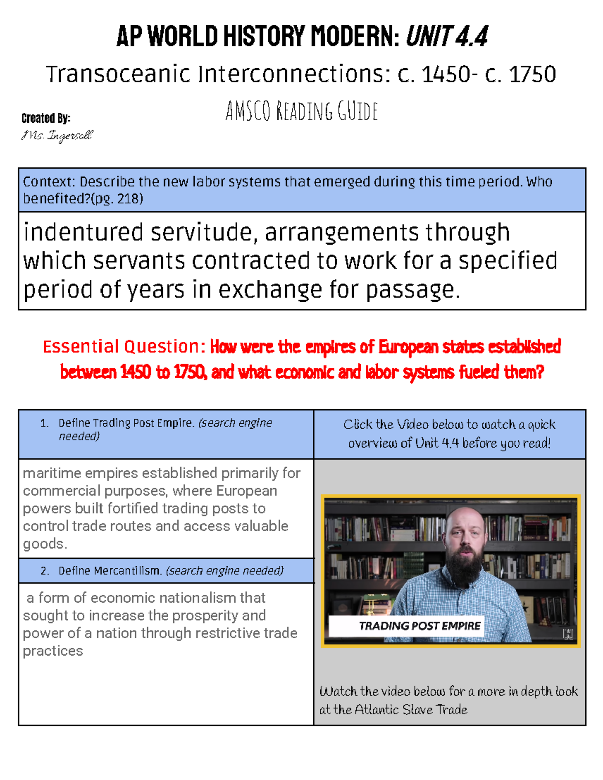 APWH 4.4 AMSCO Reading Guide: Transoceanic Interconnections (c. 1450 ...