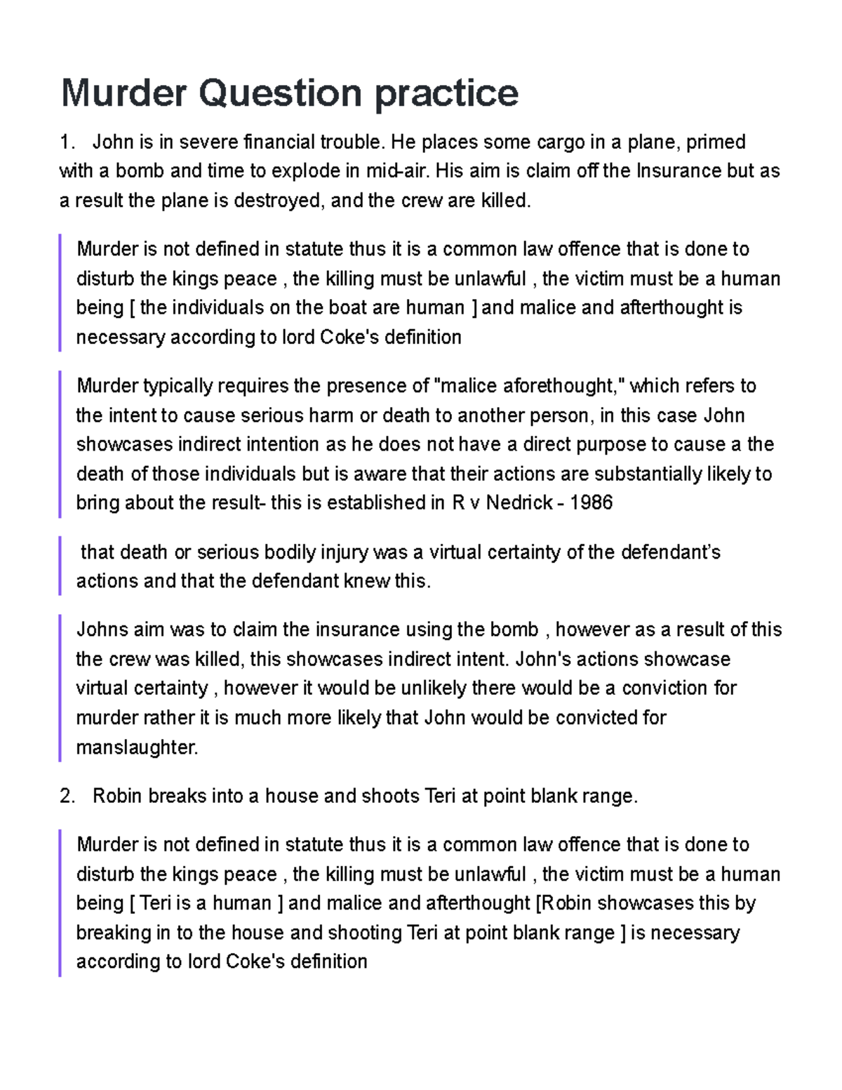 Murder Law Case Studies: Indirect and Direct Intent Analysis - Studocu
